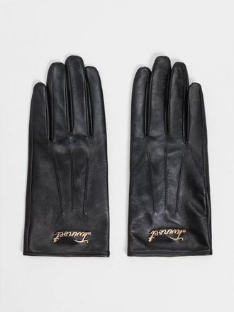 Twinset Schwarze Lederhandschuhe mit kontrastierendem gesticktem Logo