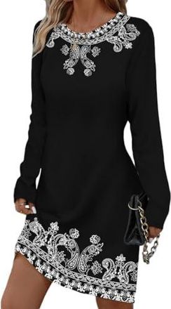 Onsoyours Robe Imprimée pour Femme Robe à Manches Longues Robe à col Rond Robe de Fête Sexy Élégante Mi-Longue Robe Décontractée A Noir XL