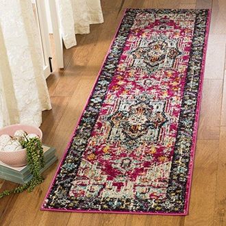 Safavieh Boho Teppich für Wohnzimmer, Esszimmer, Schlafzimmer - Monaco Collection, Kurzer Flor, Fuchsia und Grau, 66 X 244 cm
