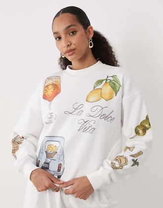 Six Stories Brautpullover in Wei&szlig; mit Urlaubsmotiven