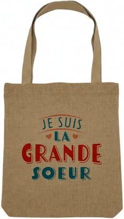 Fabulous Sac Shopping Tote Bag Aspect Lin - Je Suis la Grande Soeur - Famille Fille Enfant Sac de Courses Toile Epaisse 360g Beige Naturel Cabas Port&eacute; Epaule S