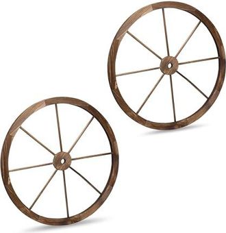Relaxdays Wagenrad aus Holz, 2er Set, Deko für Garten, Terrasse, Veranda, rustikales Speichenrad, Saloon, Western, braun