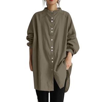 Generic Hauts d&eacute;t&eacute; amples en coton et lin pour femmes, col boutonn&eacute;, manches longues, habill&eacute;, d&eacute;contract&eacute;, tunique ample 2026, v&ecirc;tements tendance, Vert-1, XX
