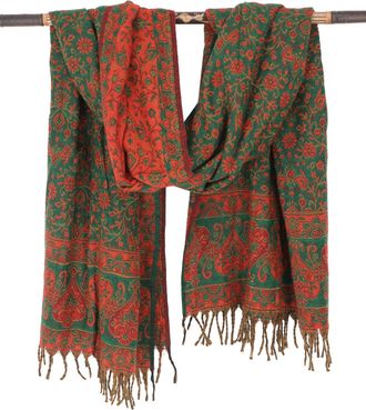 Guru Shop Weicher Pashmina Schal/Stola mit Paisley Muster - Gr&uuml;n/orangerot, Herren/Damen, Synthetisch