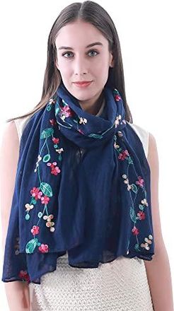 Lina & Lily &Eacute;charpe Ch&acirc;le Foulard &agrave; Fleurs Brod&eacute;es De Diff&eacute;rentes Couleurs (Bleu Marine)