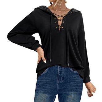 Generic Sweat &agrave; capuche d&eacute;contract&eacute; &agrave; manches longues et col en V pour femme avec cordon de serrage, Noir, XL