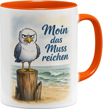 OM3 lustige M&ouml;we Aquarell Kaffee-Tasse mit Spruch - Moin das muss reichen - Maritim K&uuml;ste Norddeutschland - Keramik Becher - 325ml - Beidseitig Bedruckt -