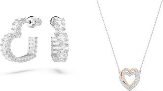 Swarovski Matrix Kreolen, Rhodinierte Ohrringe mit Herz-Motiv und Strahlenden Swarovski Kristallen & Infinity Halskette, Herz, Weiss, Metallmix