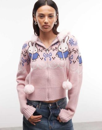Daisy Street x Miffy Cardigan mit Rei&szlig;verschluss und Bommel in Pink aus faux-fur-Rosa
