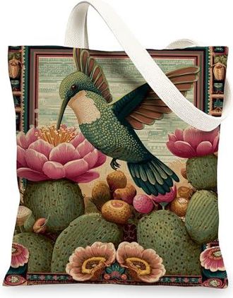 Generic Sac fourre-tout en toile motif colibri, motif cactus floral artistique, sacs de courses réutilisables, vintage, rustique, léger, lavable, Multicolore,