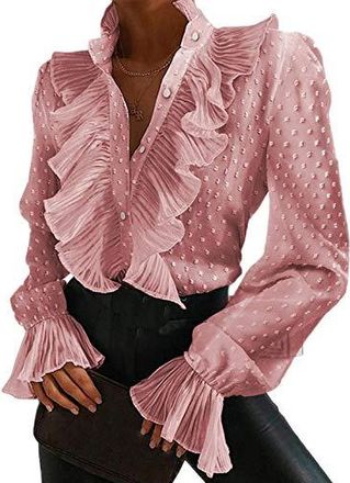 Onsoyours Chemise Femmes Chic Col en V Blouse Élégant Volants Chemises Automne Vintage Polka Dot Print Sexy Tops Bureau Dame Casual Mode Blusa T Shirt D Rose L