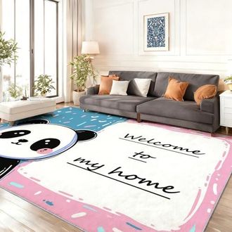 Generic Bleu Rose Tapis pour Salon 160 x 230 cm, Lavables avec Dos Antid&eacute;rapant, Tapis &agrave; Poils Courts Imprim&eacute; Mignon Dessin Anim&eacute; Animal Panda pour Cuisine Sa