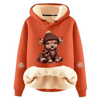 Generic Sweat &agrave; capuche doubl&eacute; en polaire imprim&eacute; vache mignon d&eacute;contract&eacute; tendance &agrave; manches longues pour un confort douillet, Orange, L