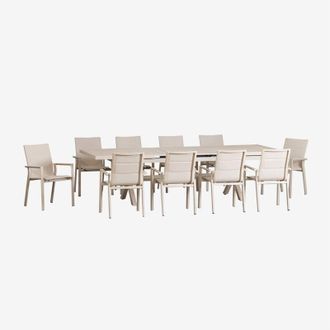 Sklum Karena rechteckiges ausziehbares Tischset 240-300x100 cm und 10 stapelbare Gartenst&uuml;hle mit Aluminiumarmlehnen Tiefes Gr&uuml;n Olive - Sklum