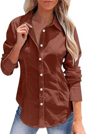 Generic Chemise à manches longues et boutons en lin pour femme, couleur unie, coupe ajustée, 2026, Rouge, XXL