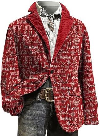 Generic Blazer de Noël hideux pour homme en velours côtelé avec poches fantaisie style rétro festif costume manteau tendance flocon de neige Père Noël imprimé