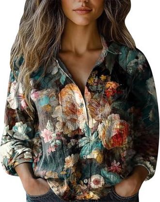 Generico Chemise Femme d&Eacute;t&eacute; &Eacute;l&eacute;gant Manches Longues Chemises en Lin Coton Curvy Respirant Blouse Col en V Mode T Shirt Vintage Imprim&eacute; avec Boutons Classique C