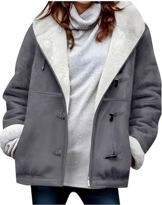 Generic Manteaux dhiver pour femme avec doublure Sherpa - Veste à capuche chaude et ample avec boutons en corne, gris, 3XL