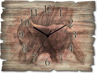 Artland Wanddeko Wanduhr ohne Tickgeräusche aus Holz Quarz Uhr lautlos Rechteckig 40x30 cm Tiere Stier Bulle Hörner Kampf Katalonien Spanien Vintage Rustikal 