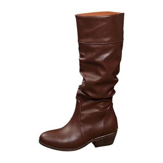 Generic Bottes mi-mollet mode à enfiler avec talon épais bottines dhiver chaudes et confortables à lacets pour un style décontracté extérieur (Brown, 43)
