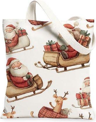 Generic Sacs fourre-tout en toile de No&euml;l, motif renne du P&egrave;re No&euml;l, sacs d&eacute;picerie, sacs d&eacute;picerie vintage, l&eacute;gers et lavables avec bandouli&egrave;re, Blanc, 13x15