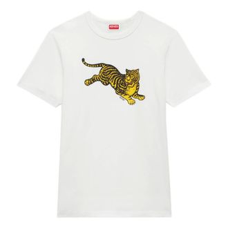 Kenzo T-shirt court &agrave; col rond Tigre Sautant Kenzo - Homme - Tops - Blanc - Taille: 2XL