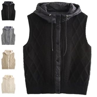 Generic Gilet matelass&eacute; &agrave; capuche en tricot l&eacute;ger et rembourr&eacute; sans manches pour femme, Noir, Taille unique