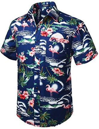 Hisdern Hommes Funky Hawaïenne Flamingo Chemises A Manches Courtes Poche Avant Vacances Ete Aloha Imprimé Plage Casual Bleu Marine Hawaii Chemise,XL,Multicolo