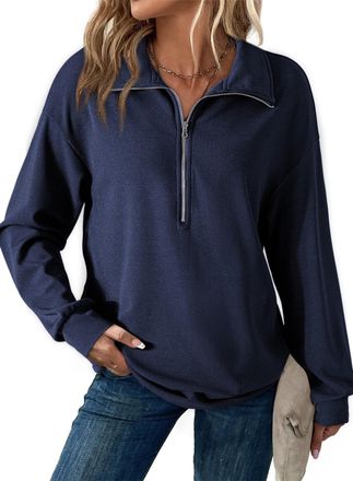Dokotoo Pullover Damen Sweatshirt Ohne Kapuze Herbst Langarm 1/4 Rei&szlig;verschluss V-Ausschnitt Oberteile L&auml;ssig Locker Tunika Tops Einfarbig Waffel Stricken Obe