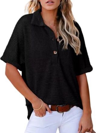 Generic Tunique Henley 2025 en tricot gaufré pour femme, couleur unie, chemisiers habillés à manches courtes avec poche, Noir, XXL