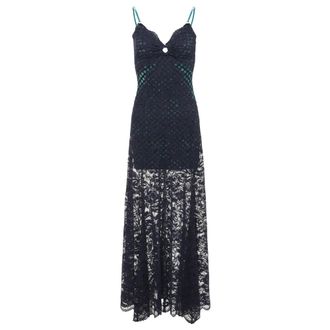 Paco Rabanne Spitzen-Langkleid mit Samtdetails - - Dresses - Damen - Blau - XS