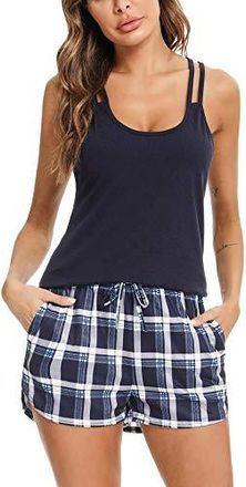 iClosam Pyjama Femme &Eacute;t&eacute; en Coton V&ecirc;Tements de Nuit Court &agrave; Carreaux Tenue de Nuit 2 Pi&egrave;ces avec D&eacute;bardeur et Short Ensemble de Pyjama Confortable Doux Respir