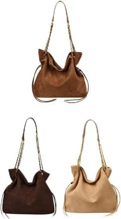 Generic Sac fourre-tout en PU givr&eacute; avec cordon de serrage pour femme Grande capacit&eacute; Quotidien Marron