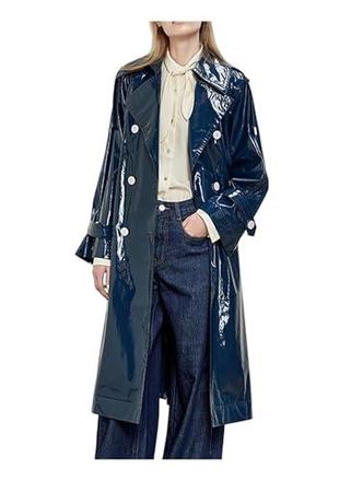 Generic Trench-Coat Femme Bleu Fonc&eacute; Faux Cuir - Printemps Automne Double Boutonnage Long Mince Fluide R&eacute;fl&eacute;chissant Veste, noir fonc&eacute;, M