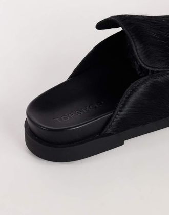 Topshop mule mocassin Alexia en cuir v&eacute;ritable &agrave; poils longs noir