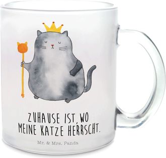 Mr. & Mrs. Panda Teetasse Katze König - Geschenk, Königin, Teeglas, Katzen, Tasse mit Henkel, Katzenmotive, Teetasse aus Glas, Kater, Queen, Glas