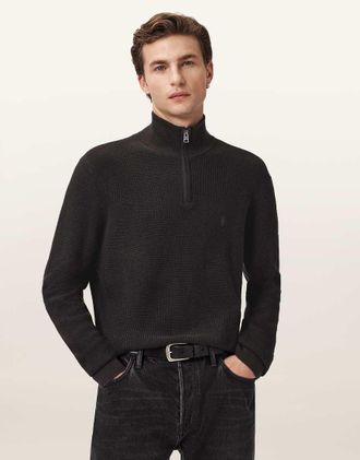 AllSaints Sweatshirt in Espresso-Braun mit Stehkragen, Rei&szlig;verschluss und Waffelstruktur-Brown