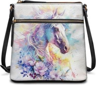 Coloranimal Sac &agrave; bandouli&egrave;re pour femme - Sac &agrave; bandouli&egrave;re &agrave; fermeture &eacute;clair - Sac &agrave; bandouli&egrave;re l&eacute;ger en cuir synth&eacute;tique, Aquarelle Fleur Cheval Blanc
