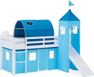 Homestyle4u Hochbett mit Rutsche und Stauraum 90x200 cm Wei&szlig; Blau, Kinderbett aus Holz Kiefer, mit Turm, Tunnel, Vorhang, Artikel 2989