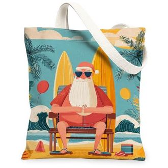Generic Sac fourre-tout en toile motif P&egrave;re No&euml;l tropical, sac &agrave; provisions r&eacute;utilisable, l&eacute;ger et lavable avec bandouli&egrave;re, bleu, 13x15 Inch