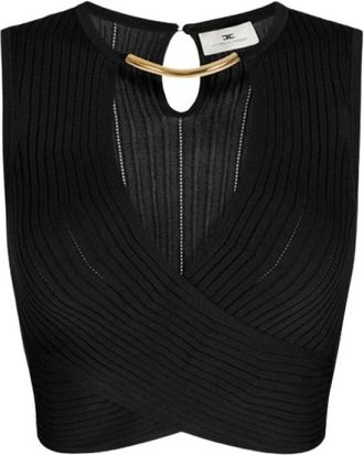 Elisabetta Franchi Femme, Tops, Noir, Taille: 42 FR Knit Top with Jewel Detail