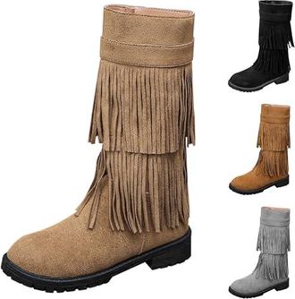 Generic Bottes dhiver mi-mollet en daim pour femme, bottes de cowboy classiques &agrave; bout rond avec fermeture &eacute;clair lat&eacute;rale, hauteur int&eacute;rieure, bottes r&eacute;tro a