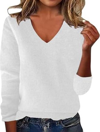 Generic Pulls en cachemire confortables pour femmes, col en V, automne 2025, d&eacute;contract&eacute;, classique, coupe ajust&eacute;e, pull basique, jumper l&eacute;ger et chaud, blanc