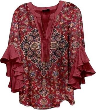 Generic T-shirt pour femme - Col en V - Manches &agrave; volants - Imprim&eacute; floral - L&eacute;ger et respirant - Haut fluide - D&eacute;contract&eacute; - T-shirt de loisirs pour femme, B