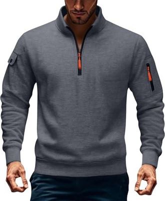 Generic Sweats pour homme - Pull à manches longues et fermeture éclair quart - Sweat-shirt en polaire léger et décontracté - Col montant - Avec manches longue