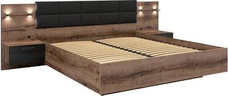 PEGANE Lit coffre 180x200 + 2 tables de chevet avec &eacute;clairage LED avec sommier et rangement coloris Ch&ecirc;ne marron fonc&eacute;/Ch&ecirc;ne noir - Longueur 206 x