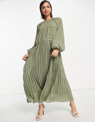 Asos Robe babydoll longue &agrave; taille basse, ourlet pliss&eacute; et rayures - Kaki-Vert