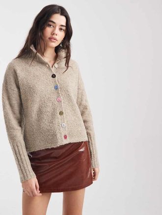 Daisy Street Bunte Strickjacke in Hellbeige meliert mit Knopfleiste-Neutral