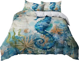 Generic Bettwäsche 135x200 cm, Blau Deckenbezug 3 Teilig Microfaser Bettbezug Set Unterwassertier Seepferdchen Muster Extrem Haltbar bettwäsche + 2 Kissenbezü