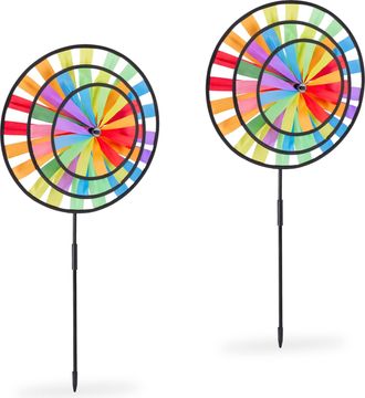 Relaxdays Windrad, 2er Set, Regenbogen-Design, Kinder, Windspielstecker für Balkon & Garten, HBT: 72 x 35 x 15 cm, bunt